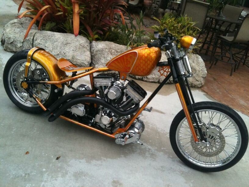 Metallic gold CFL built by Thug Custom Cycles of U.S.A.