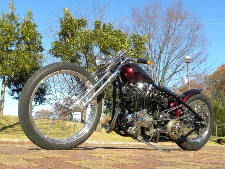 Red Knucklehead built by K&M Motorcycles of Japan