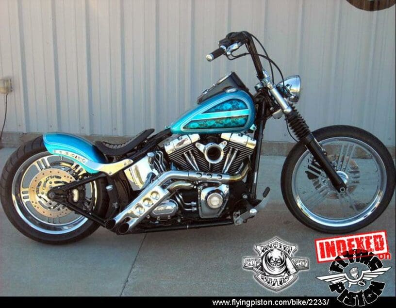 Blue Softail Custom built by Boosted Brads Chop Shop of U.S.A.